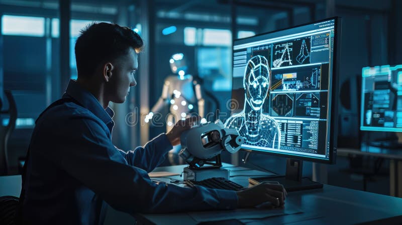 Engineer Working on CAD Program with AI Figure AIG60 Stock Image ... Engineer Working on CAD Program with AI Figure AIG60 Stock Image ...