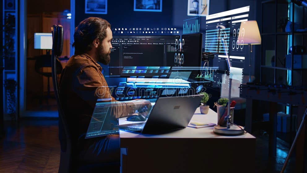 Engineer Working on Computer and Laptop, Using AR To Do Coding ...