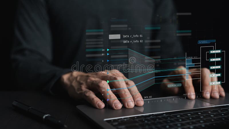 Engineer Working with Database for Digital Data Design or Cyberspace Network and Connection ...