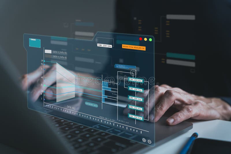 Engineer Working with Database for Digital Data Design or Cyberspace Network and Connection ...