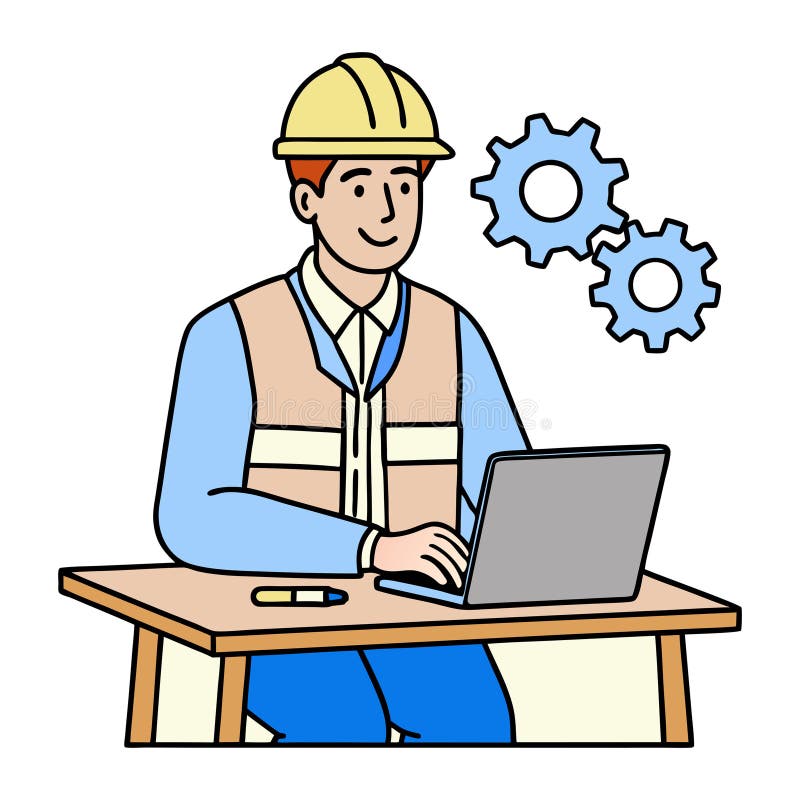 Engineer Working at a Desk with Gears Tools Stock Vector - Illustration ...