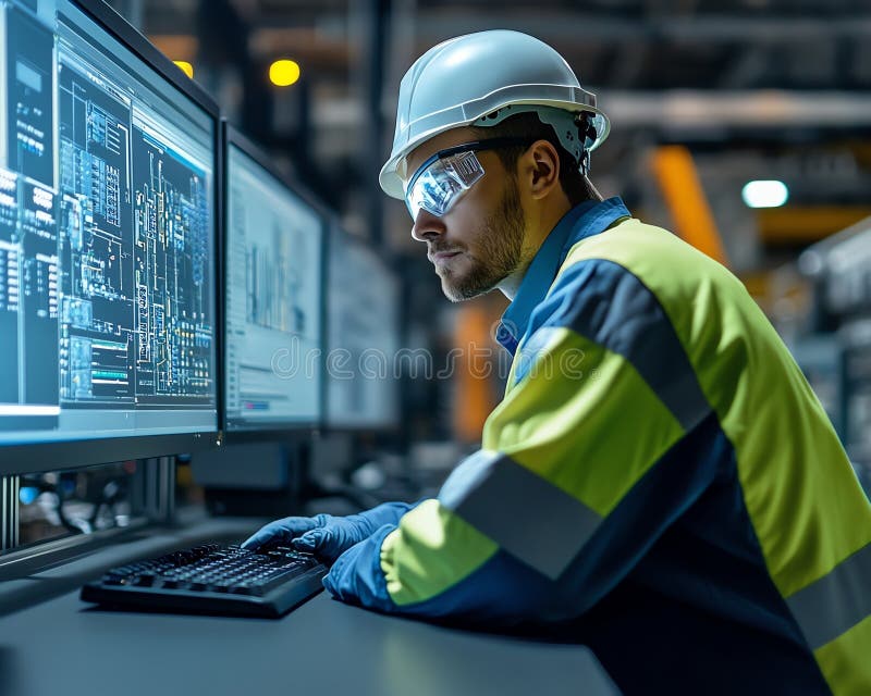 Engineer Working on Digital Screens in a Manufacturing Facility Stock ...