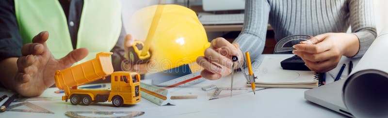 Engineer Working at a Drawings of House in Office Stock Image - Image ...