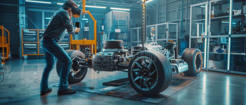 Engineer Working on Electric Car Chassis Platform. Using Augmented ...