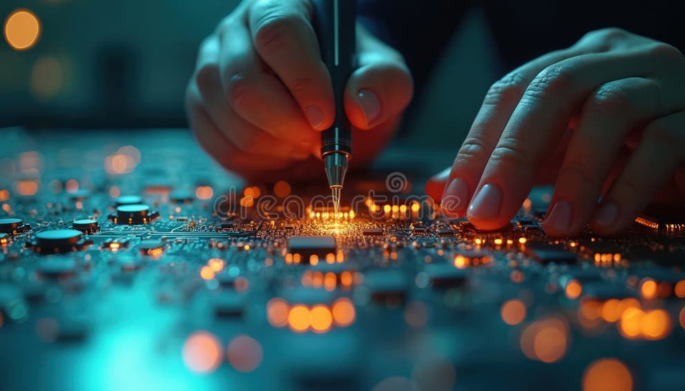 Engineer Working on Electronic Circuit Board at Night. Focused Closeup ...