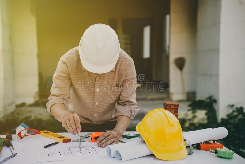 Engineer Working with Engineering Tool on Workplace Stock Image - Image ...