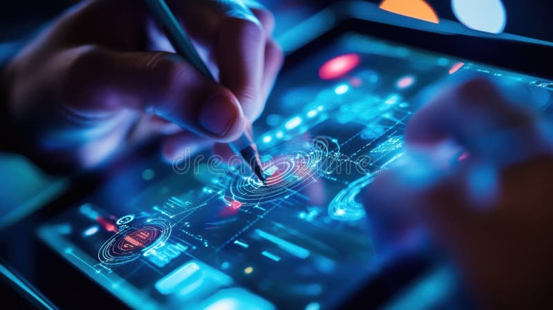 Engineer Working with Futuristic Interactive Touchscreen with Stylus ...