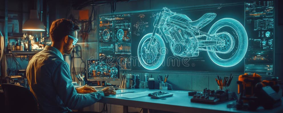 Engineer Working in a Futuristic Lab Analyzing a Motorcycle S ...
