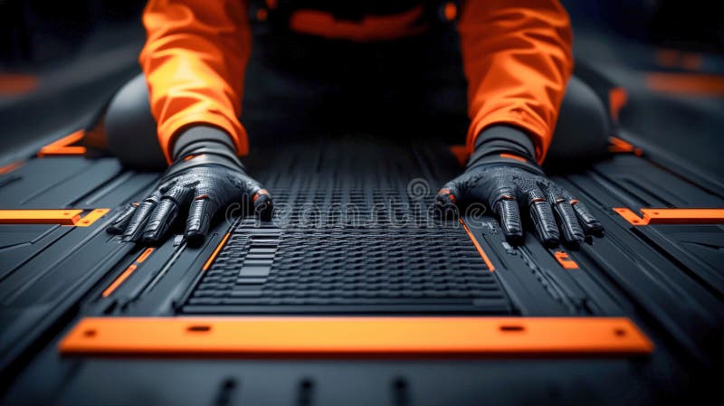 Engineer Working on High-Tech Equipment in Orange Protective Gear Stock ...