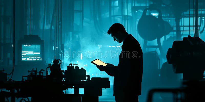 Engineer Working at His Workstation in a Dark Factory Setting, Focused ...