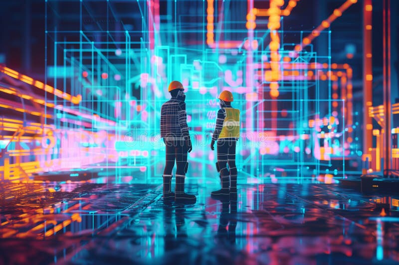 Engineer Working on Holographic Wireframe Control Factory Facility ...