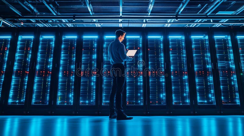 It Engineer Using Laptop and Monitoring Server Rack Cabinets Working in ...