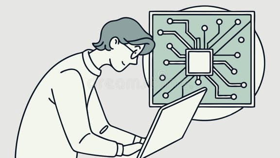 Engineer Working on Laptop, Designing Advanced Microchip Technology. Vector Design Generative AI ...