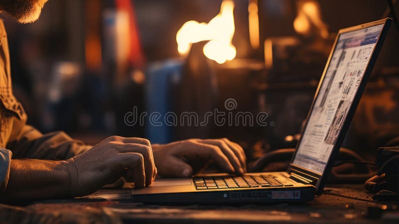 Engineer Working on a Laptop in a Metallurgical Factory. Generative AI ...
