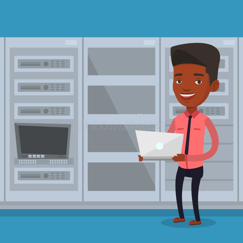 Engineer Working on Laptop in Network Server Room. Stock Vector ...