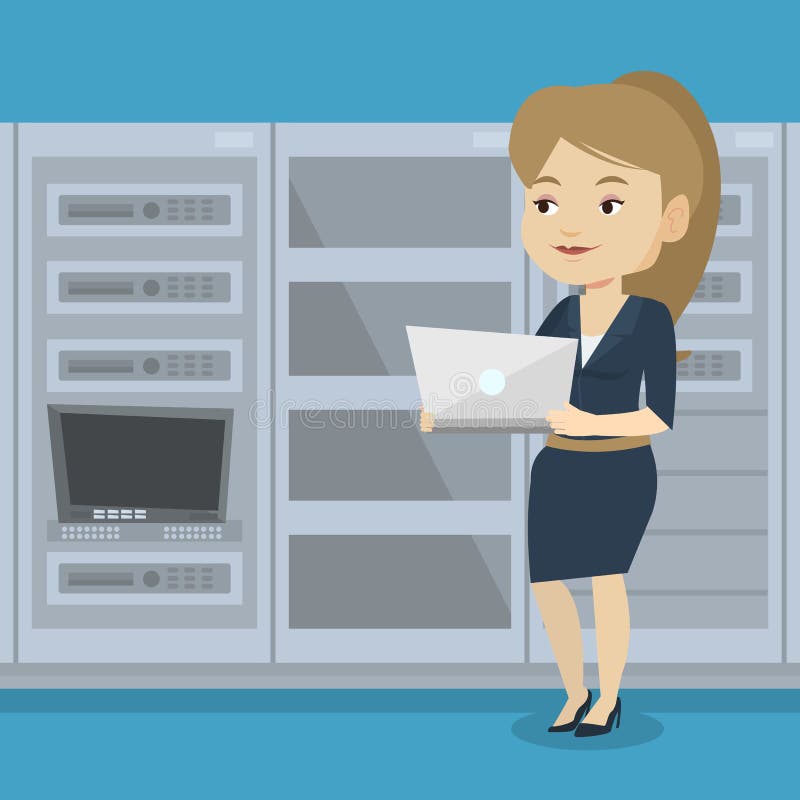 Engineer Working on Laptop in Network Server Room. Stock Vector ...