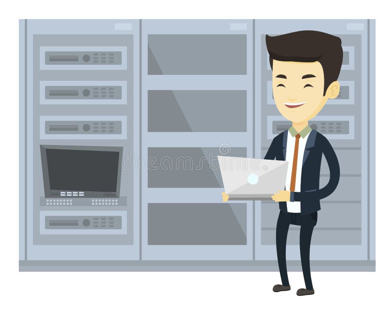 Engineer Working on Laptop in Network Server Room. Stock Vector ...
