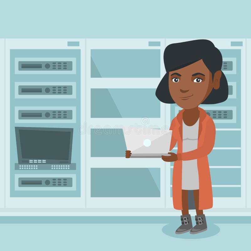 Engineer Working on Laptop in Network Server Room. Stock Vector ...