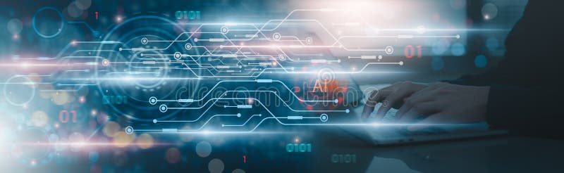 Engineer Working on a Laptop, Utilizing Advanced AI Technology for Data Processing. Concept of ...