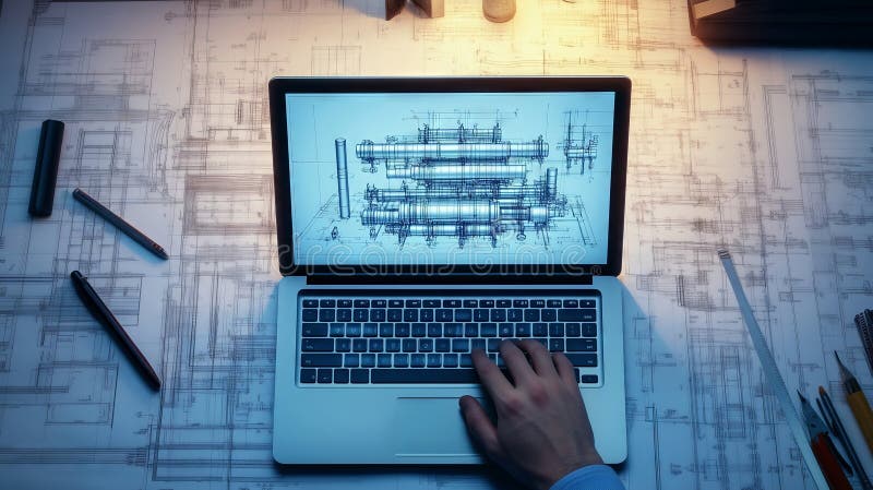 Engineer Designing Industrial Pipes System Using Laptop and Blueprints ...