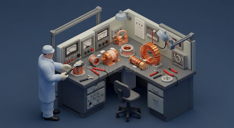 Engineer Working on Motor Coil in Laboratory Setting Stock Illustration ...