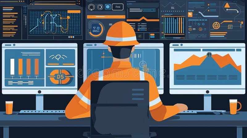 An Engineer Working on Multiple Computer Screens, Showing Management ...