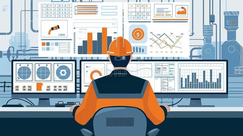 An Engineer Working on Multiple Computer Screens, Showing Management ...