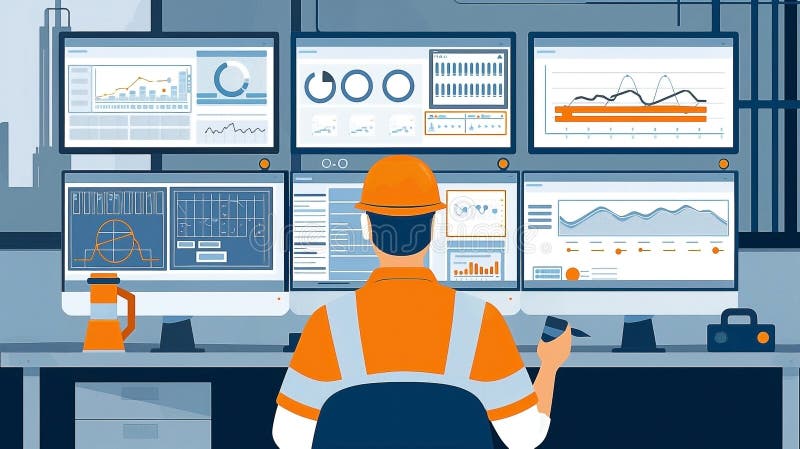 An Engineer Working on Multiple Computer Screens, Showing Management ...