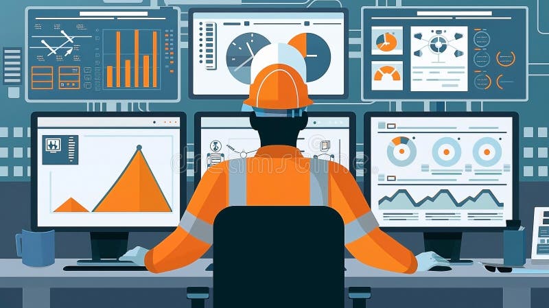 An Engineer Working on Multiple Computer Screens, Showing Management ...