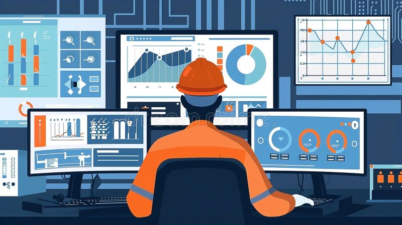 An Engineer Working on Multiple Computer Screens, Showing Management ...