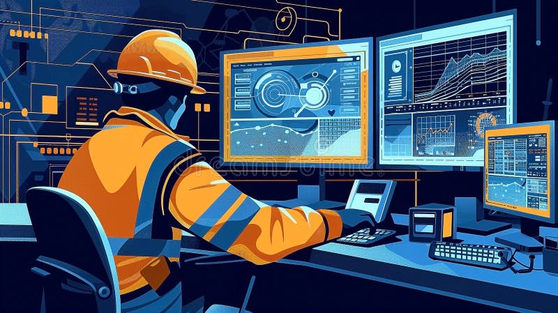 An Engineer Working on Multiple Computer Screens, Showing Management ...