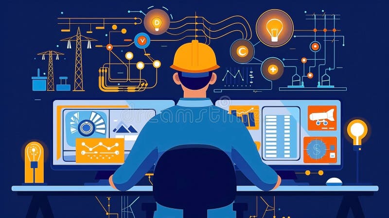 An Engineer Working on Multiple Computer Screens, Showing Management ...