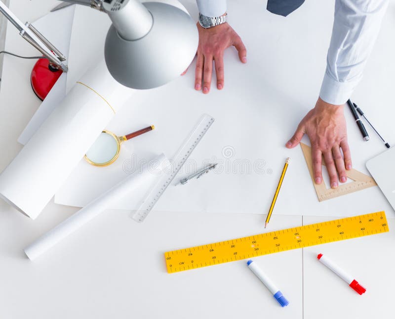 Engineer Working on New Project Drawings Stock Photo - Image of draft ...
