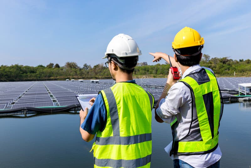 Engineer Working Setup Floating Solar Panels or Solar Cell Platform ...