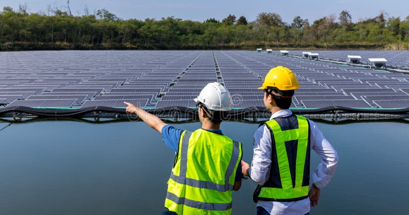 Engineer Working Setup Floating Solar Panels or Solar Cell Platform ...