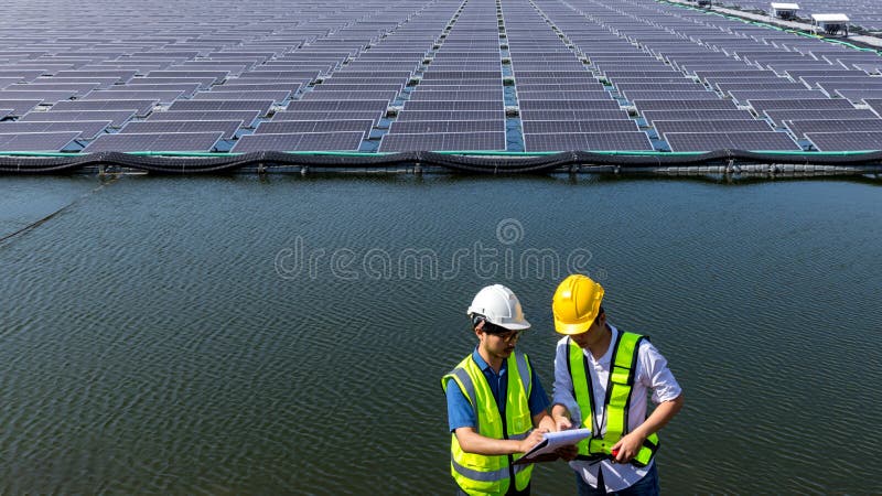 Engineer Working Setup Floating Solar Panels or Solar Cell Platform ...