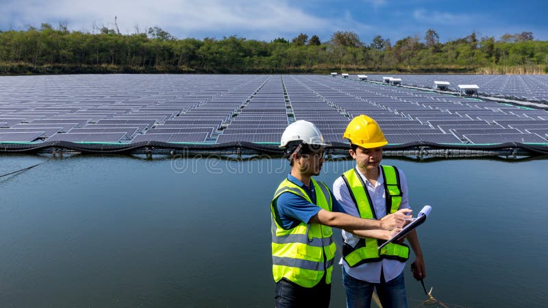 Engineer Working Setup Floating Solar Panels or Solar Cell Platform ...