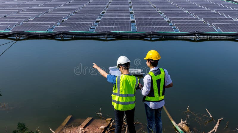 Engineer Working Setup Floating Solar Panels or Solar Cell Platform ...