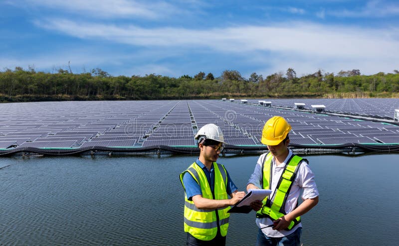 Engineer Working Setup Floating Solar Panels or Solar Cell Platform ...