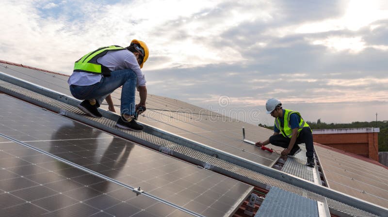 Engineer Working Setup Solar Panel at the Roof Top. Engineer or Worker ...