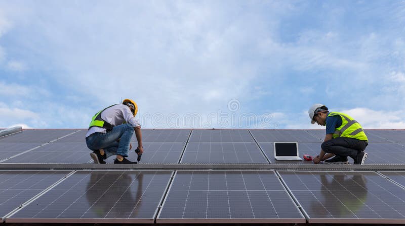 Engineer Working Setup Solar Panel at the Roof Top. Engineer or Worker ...