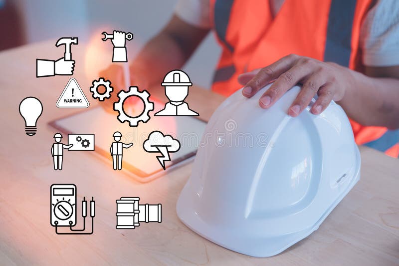 An Engineer Working on Site with Icon of Work Safety Tools on Concept ...