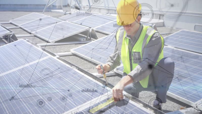 Engineer Working on Solar Panels, Overlaid with Technical Schematics ...