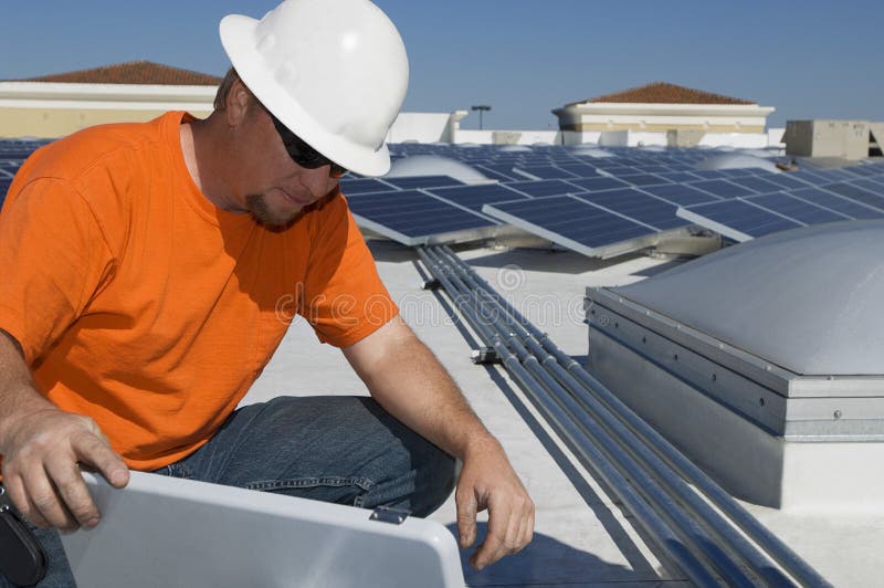 Engineer Working at Solar Power Plant Stock Image - Image of ...