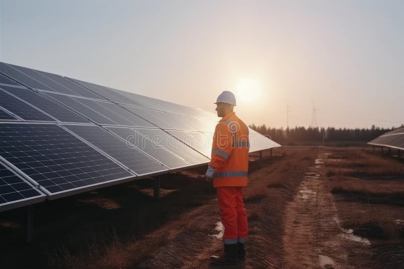 Engineer Working at a Solar Power Station at Sunset. AI Generative ...