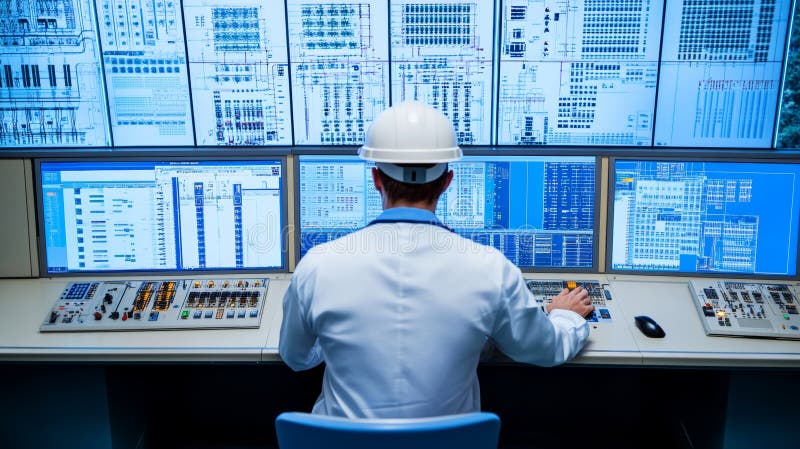 Engineer Working in System Control Room, Monitoring Power Electrical ...