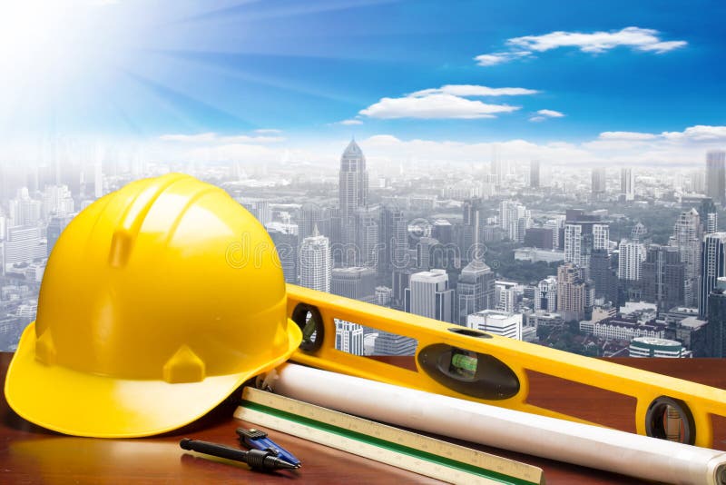 Engineer Working Table Plan and Blueprints at Building Construct Stock ...