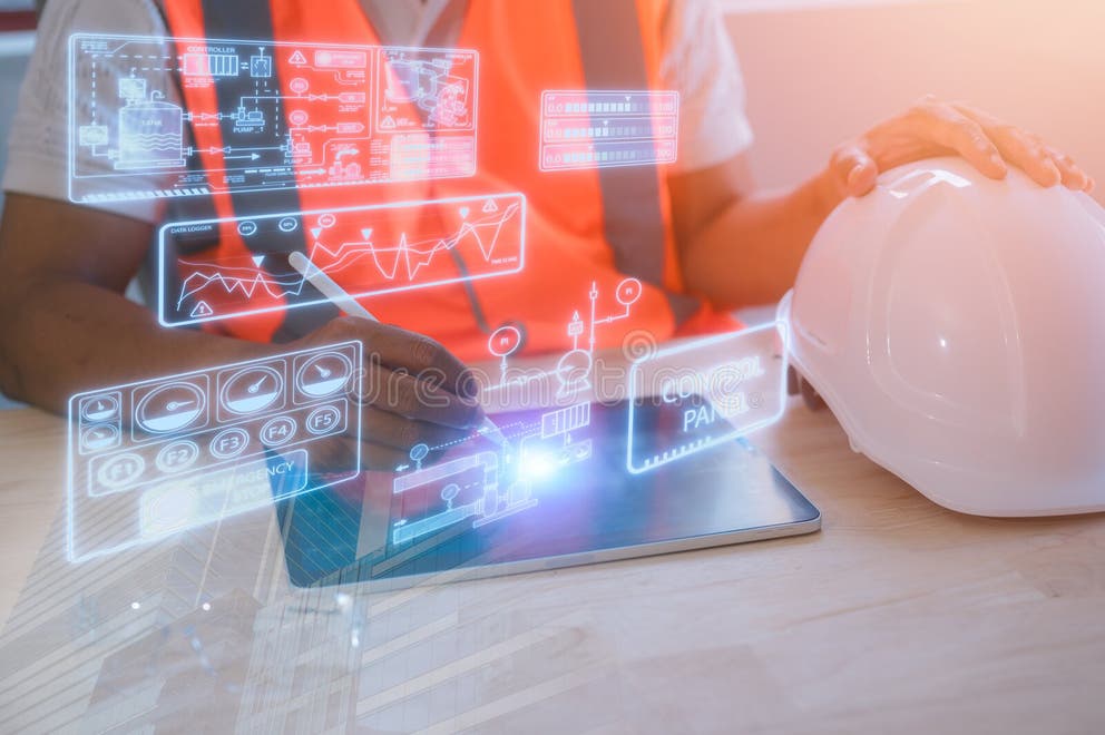An Engineer Working on Table in Site Office with Hardhat PPE Using ...