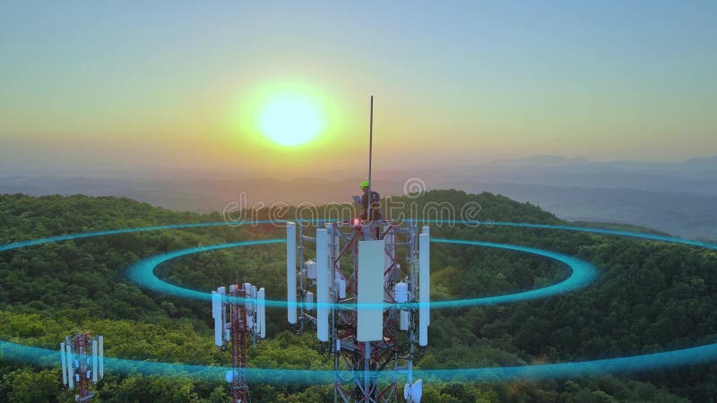 Engineer Working on Telecommunication Tower. Radiation Waves from ...