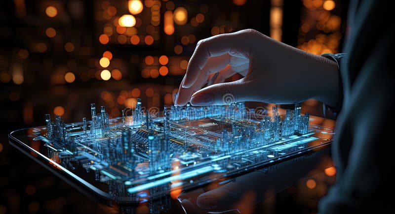 Engineer Working on the Visual Design of a City with Holograms and ...